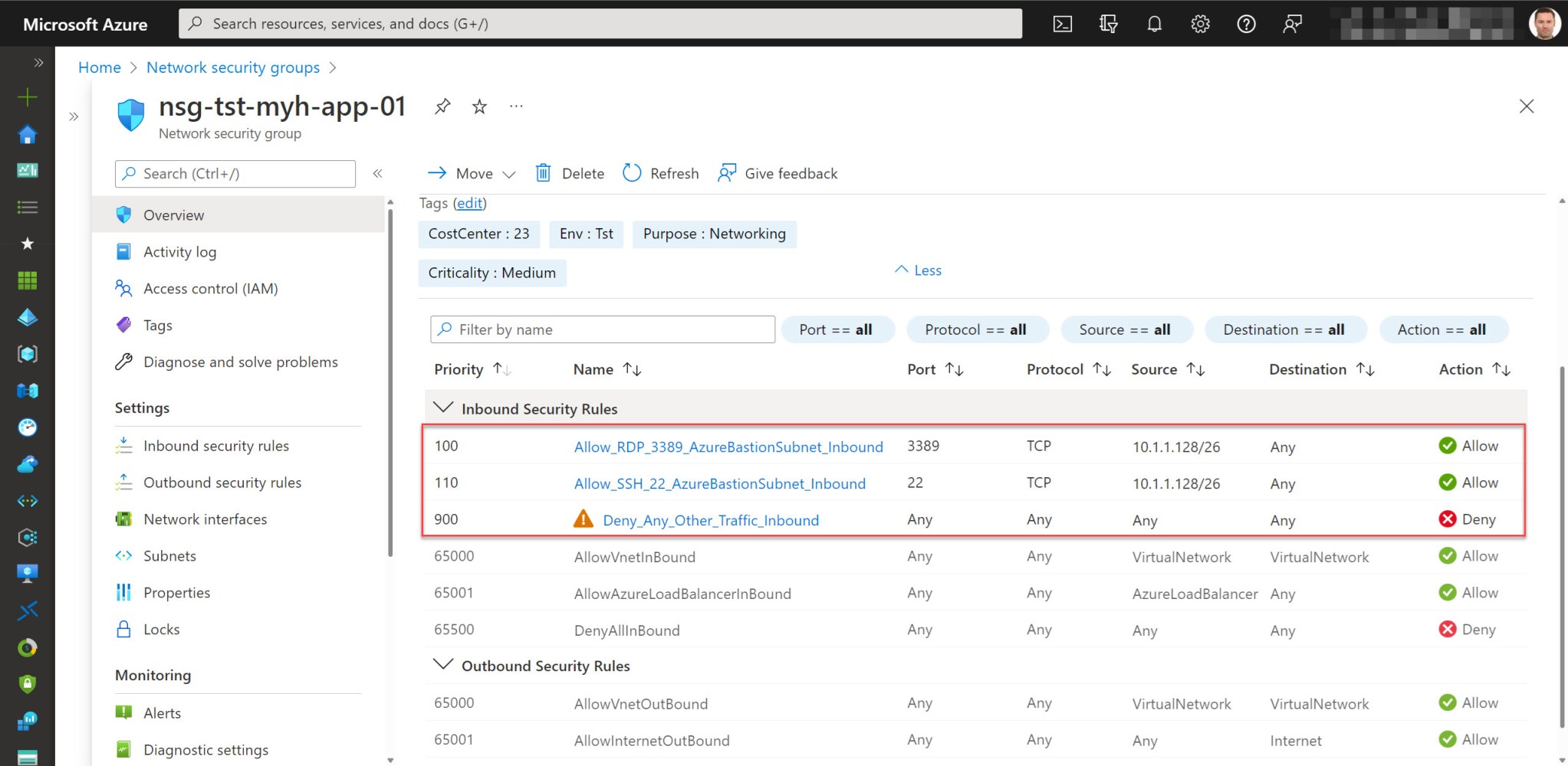 Azure Bastion: Set Azure Bastion NSG Inbound security rules on the ...