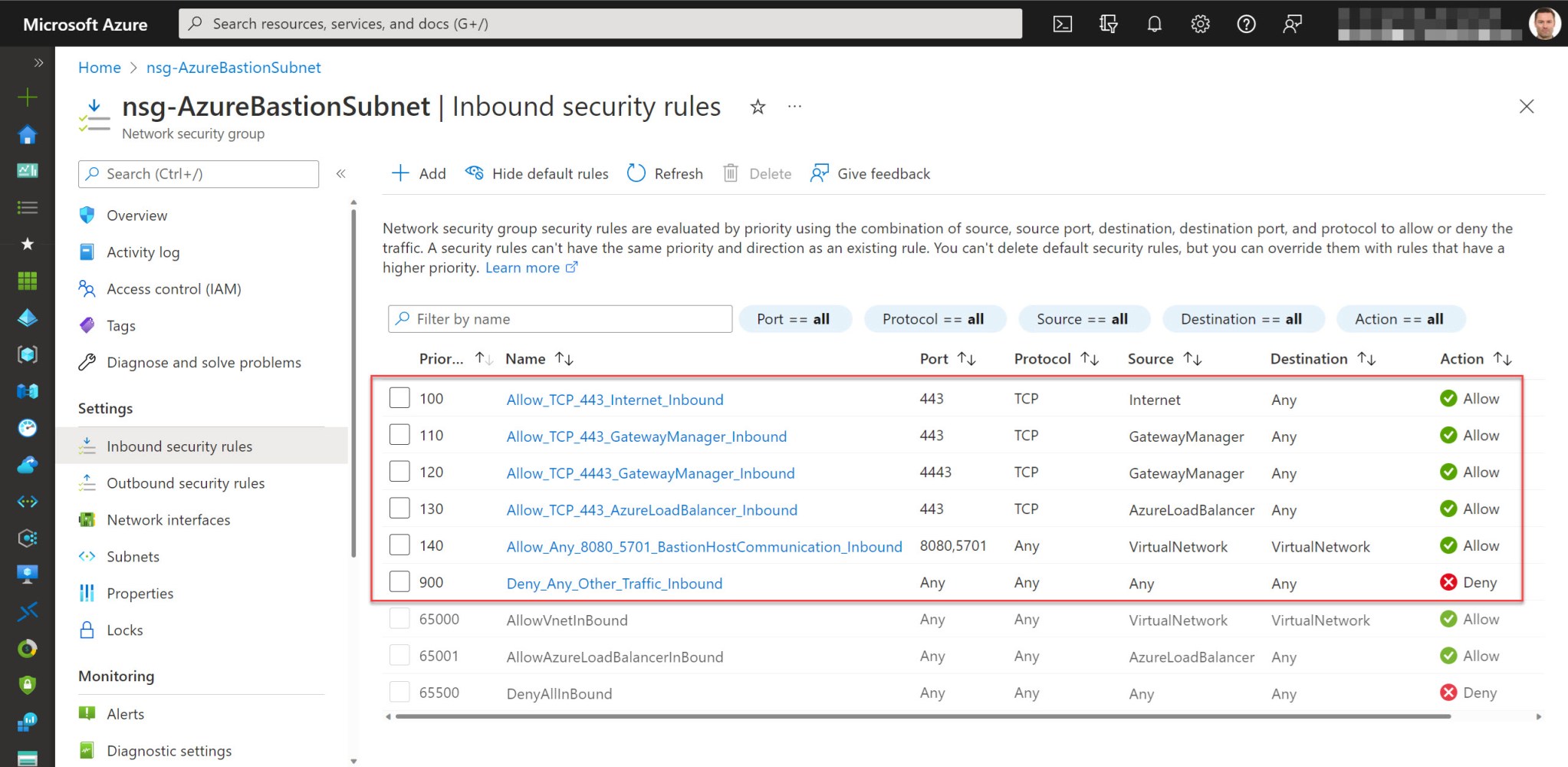 Azure Bastion: Set Azure Bastion NSG Inbound security rules on the ...