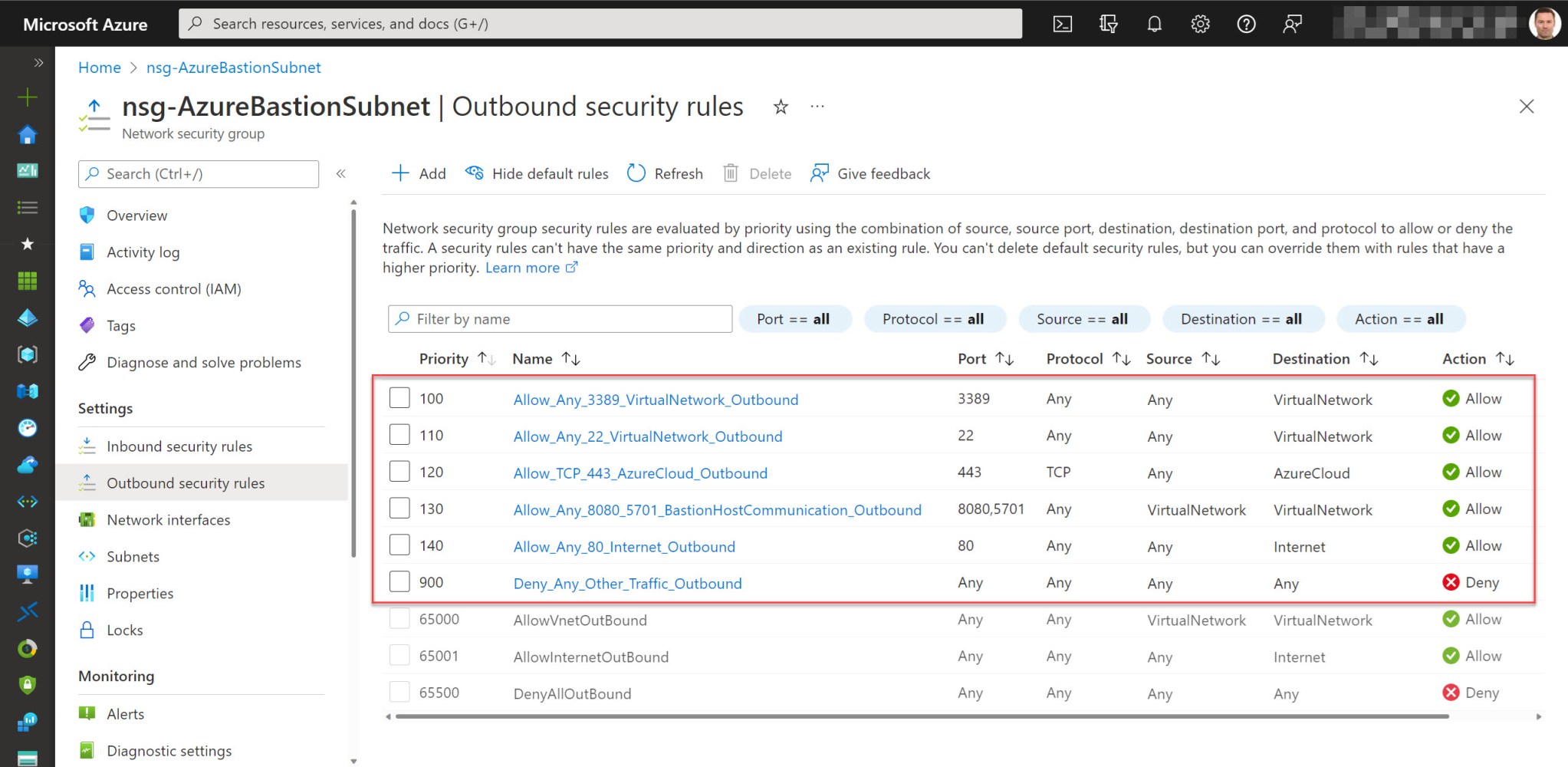 Azure Bastion: Set Azure Bastion NSG Inbound security rules on the ...