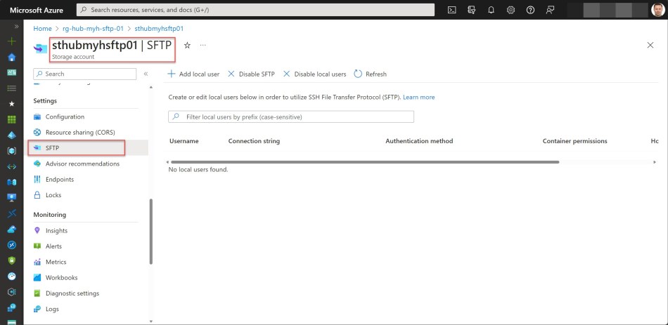 Create a local user with password authentication for a SFTP-enabled ...
